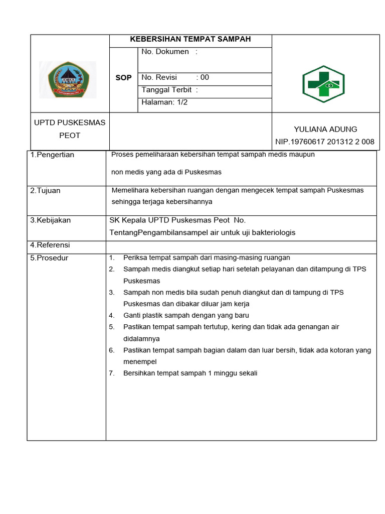 Sop Kebersihan Tempat Sampah | PDF
