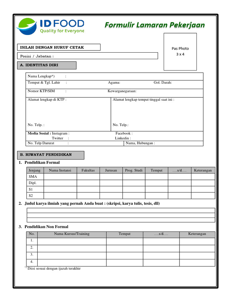 Form Lamaran Pekerjaan Id Food (New) | PDF
