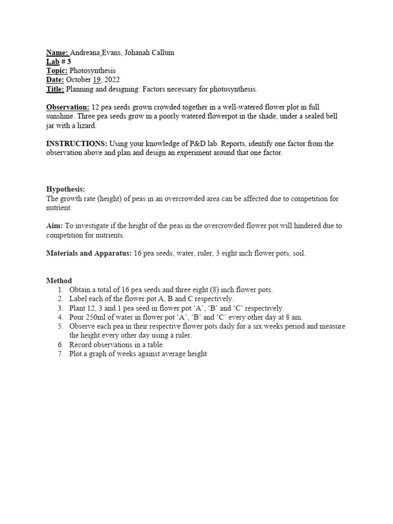 Student Photosynthesis Experiment | PDF | Pea | Plants