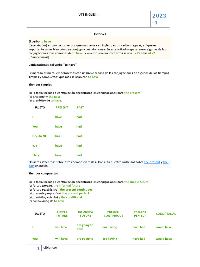 Guide of The Verb To Have | PDF | Conjugación gramatical | Verbo