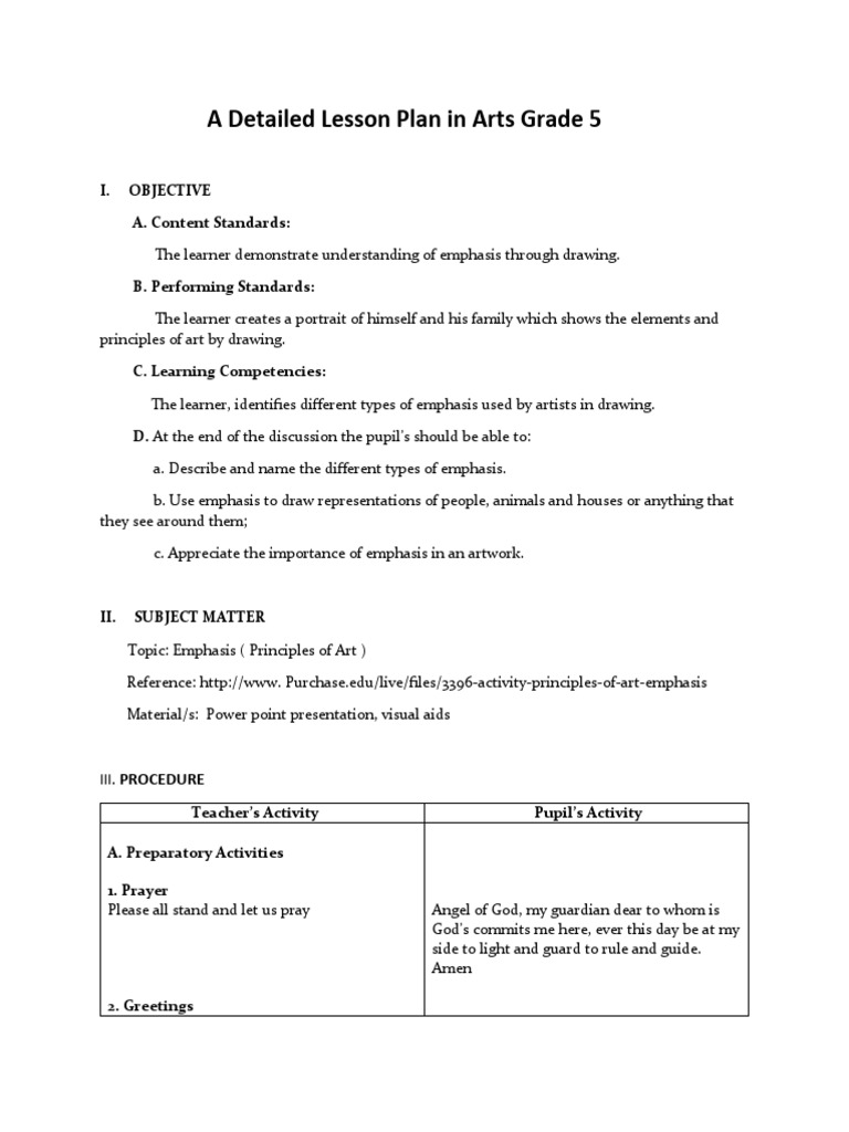 Grade 5 Arts Lesson Plan: Emphasis | PDF | Lesson Plan | Composition ...
