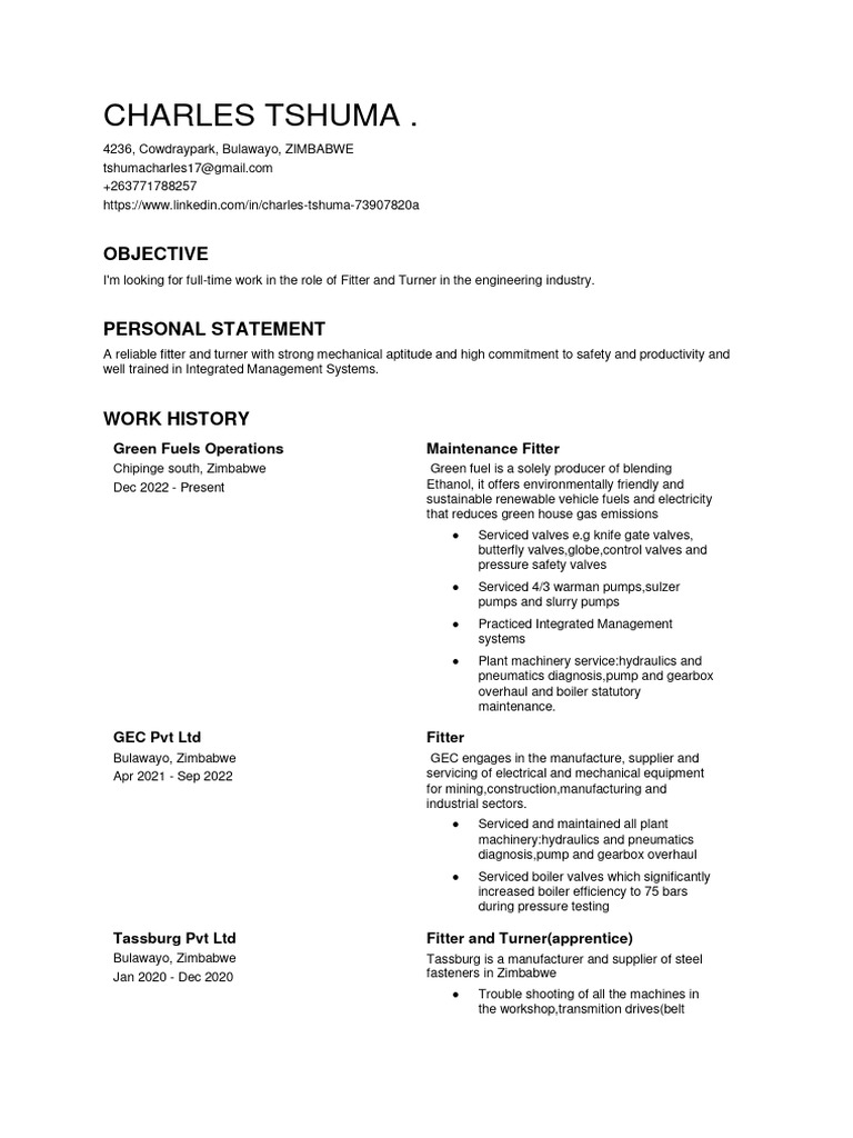 CV Template Mechanical Fitter | PDF | Pump | Machinist