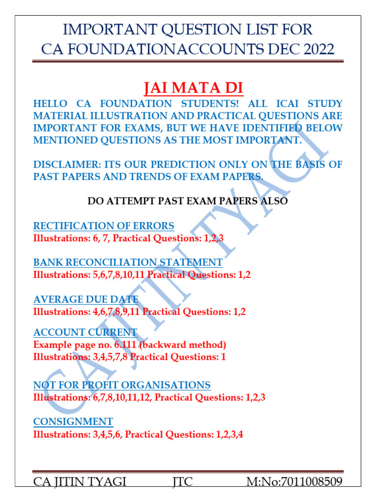 CA Foundation Accounts: Key Questions | PDF