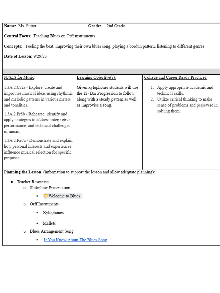 Welcome To The Blues Lesson Plan - Ms | PDF | Blues | Teachers