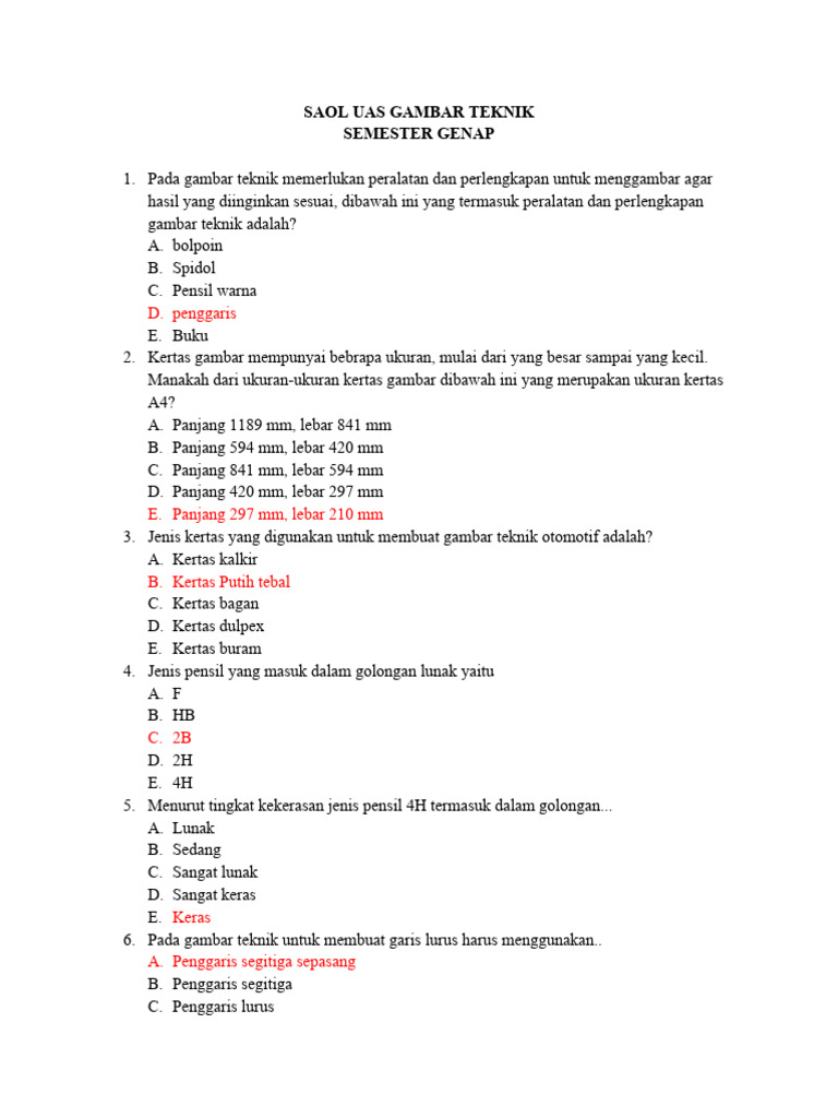 Soal UAS Gambar Teknik Lengkap | PDF | Metode & Bahan Ajar