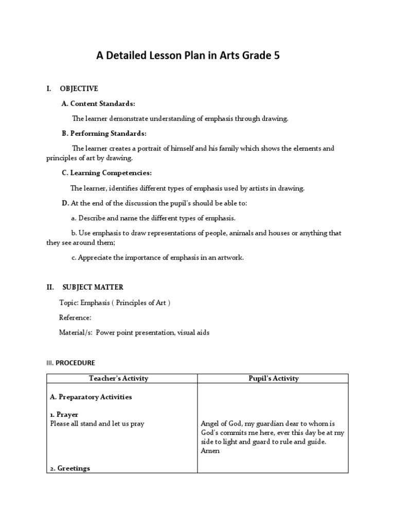 A Detailed Lesson Plan in Arts Grade 4 | PDF | Lesson Plan | Learning