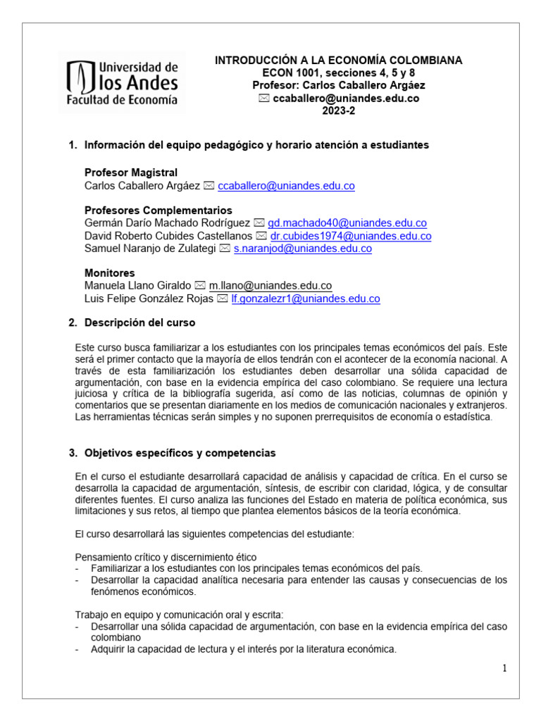 Econ 1001 Introduccion A La Economia Colombiana 2023 20 Carlos Caballero | PDF | Colombia | Pobreza
