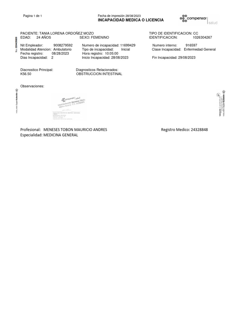 Incapacidad Compensar | PDF