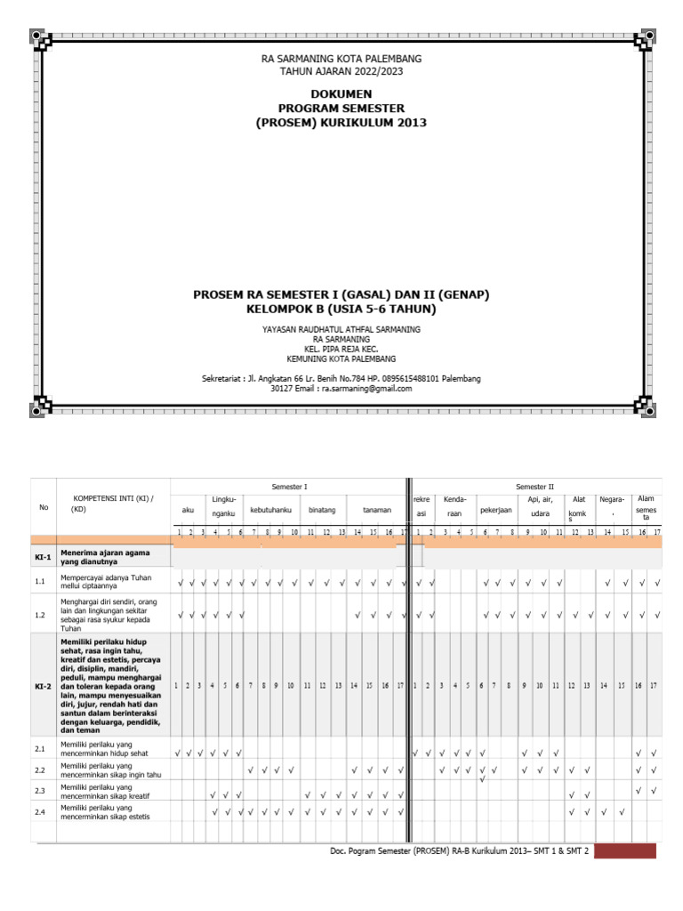 Prosem TK B 5-6 Tahun K13 Semester 1,2 Ta 2023-2024 | PDF