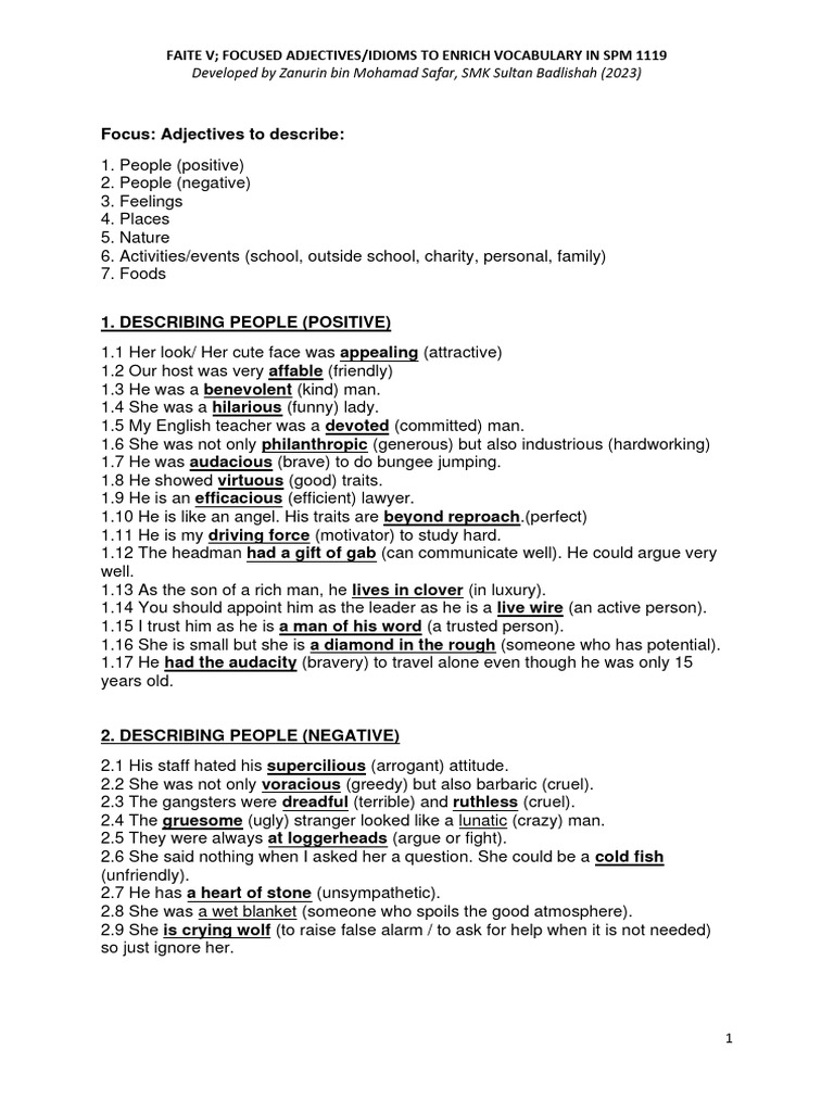 Focused Adjectives/idioms To Enrich Vocabulary in SPM 1119 | PDF ...