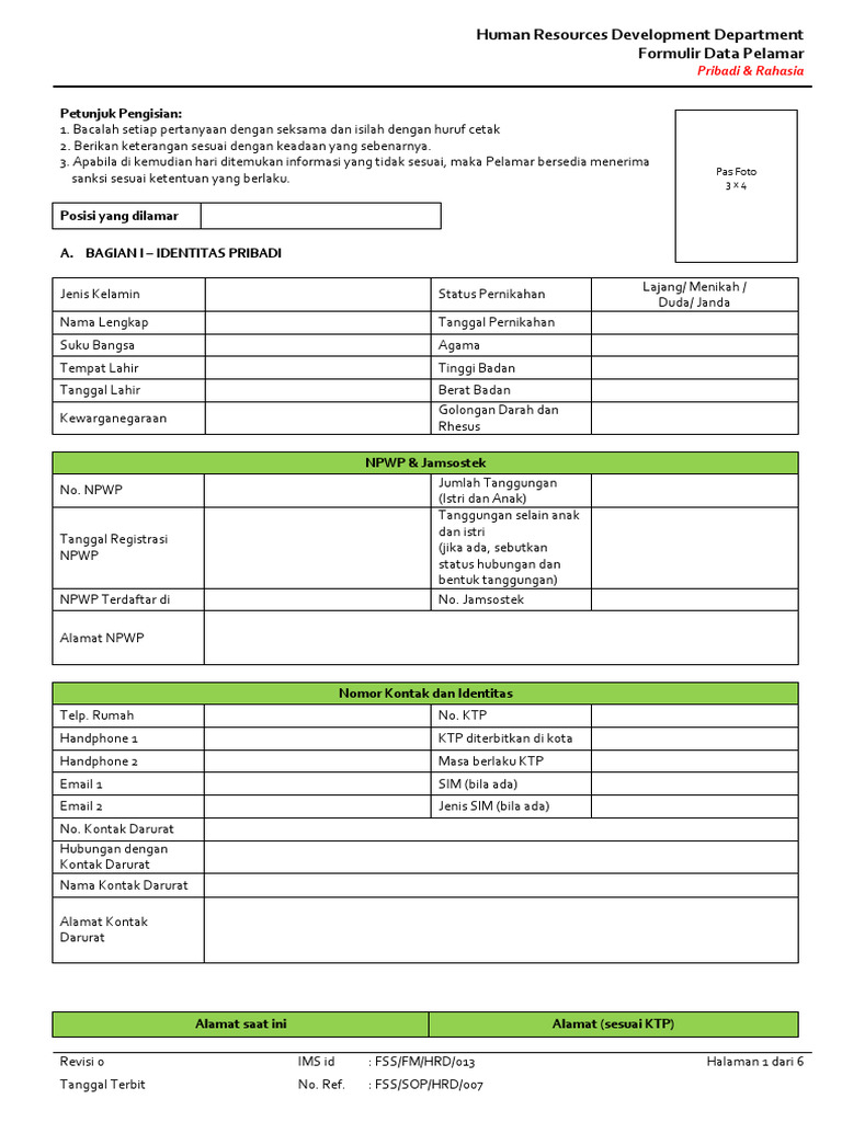 Formulir Data Pelamar HRD | PDF