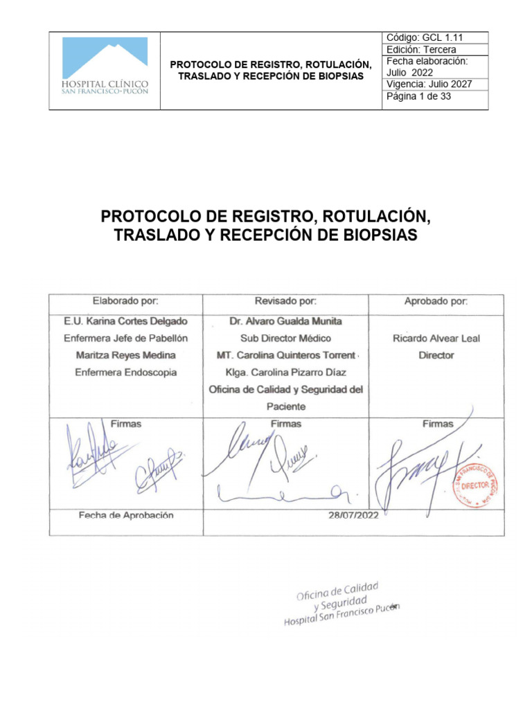 GCL 1.11 Protocolo Manejo de Biopsias 3 Edición RAC Listo Impresión | PDF | Hospital | Biopsia