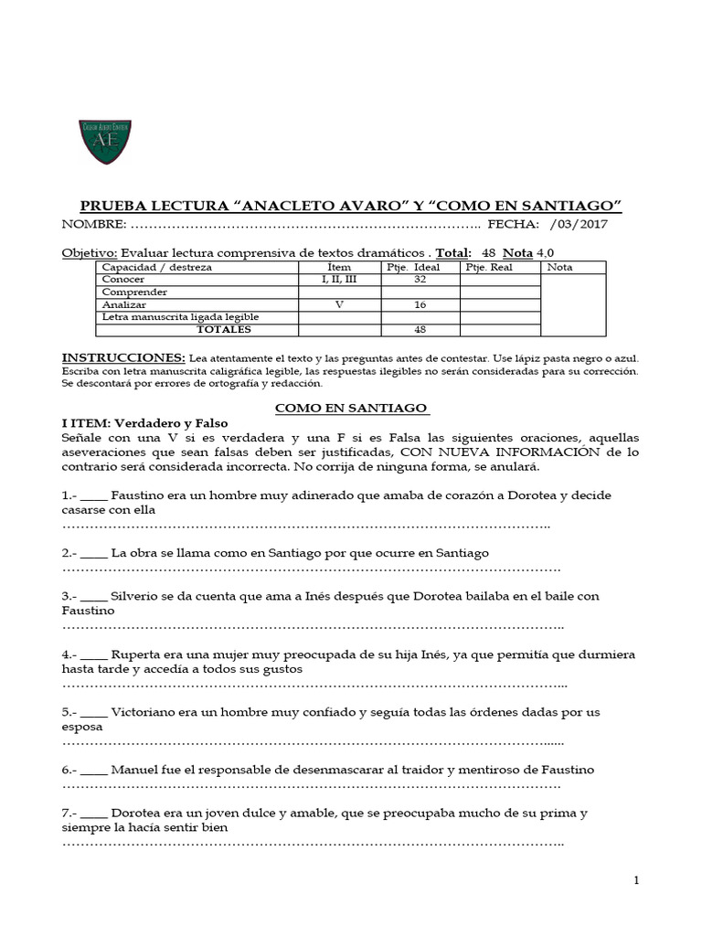 Prueba Anacleto Avaro Como en Santiago | PDF