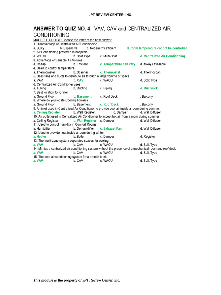 Quiz 18 VAV CAV and CENTRALIZED AIR | PDF | Air Conditioning | Duct (Flow)