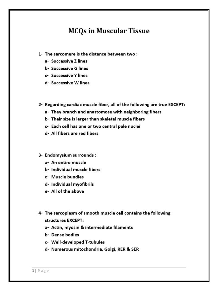 MCQs in Muscular Tissue | PDF | Skeletal Muscle | Cardiac Muscle