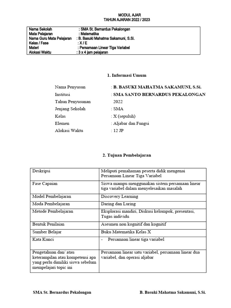 Modul - Ajar - mtk4 - X e Persamaan Linear TV | PDF