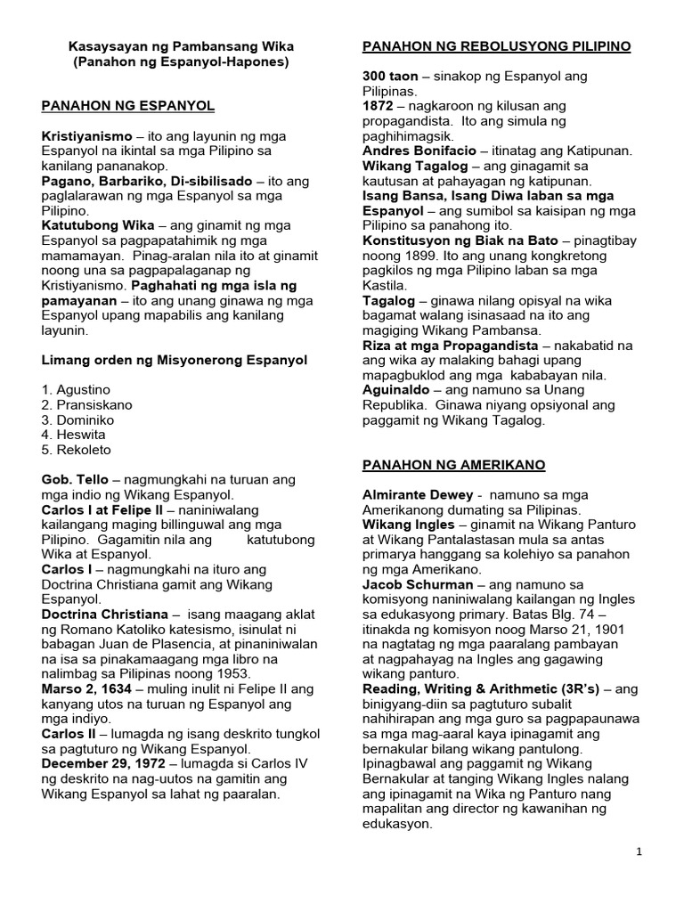 Kaysaysayan NG Wikang Pambansapanahon NG Kastila Hapones | PDF