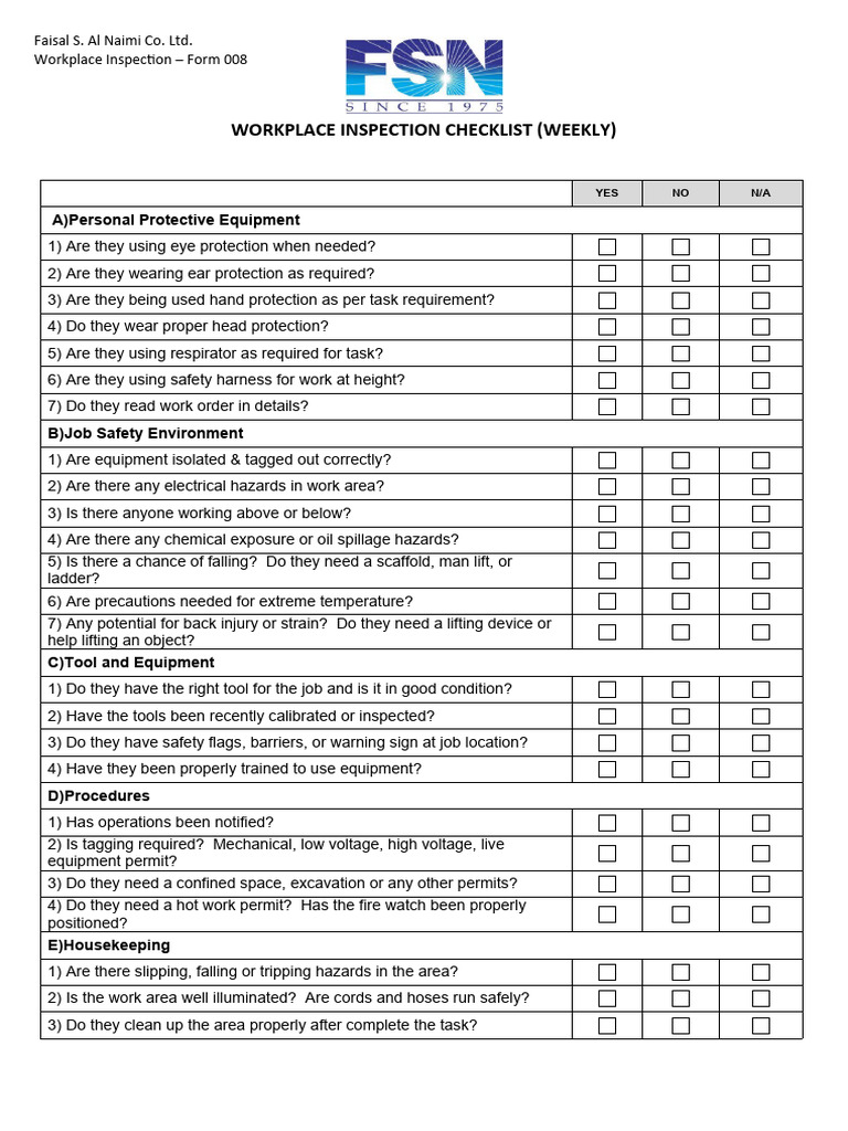 Workplace Inspection - Form 008 (Weekly) | PDF | Hazards | Safety