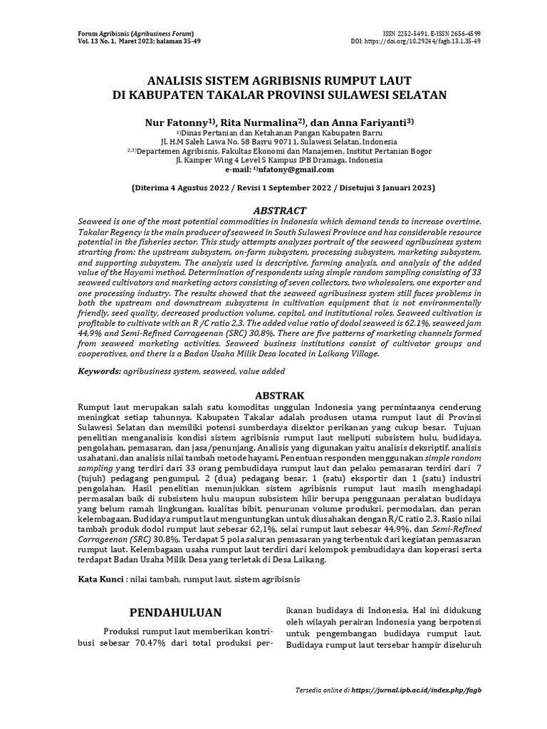 Jurnal Sistem Agribisnis Rumput Laut | PDF | Makanan dan Minuman