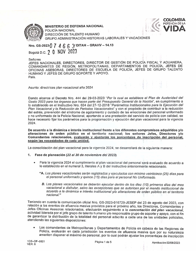Comunicado Oficial Electrónico No GS-2023-074663-DITAH de Fecha 20-11-2023 Directrices Plan ...