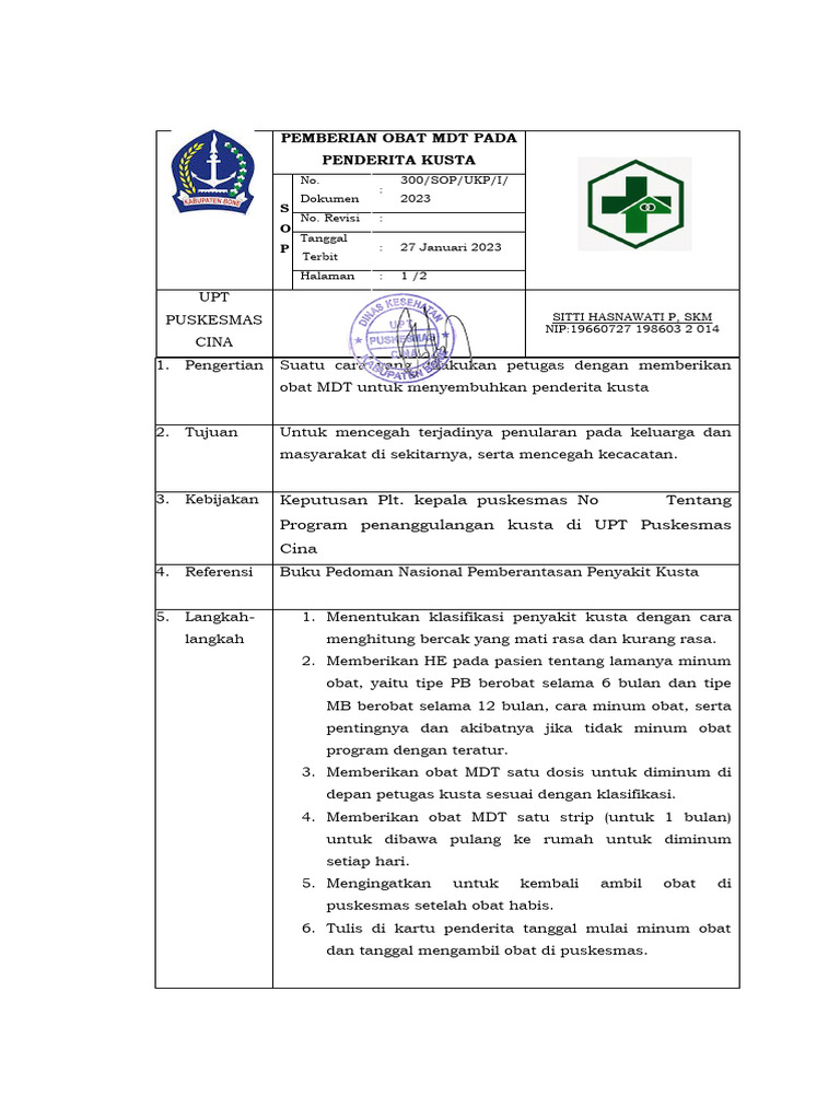 Sop Pemberian Obat MDT Pada Penderita Kusta | PDF