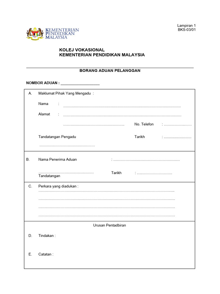 BKS 03-01 (Borang Aduan Pelanggan) | PDF