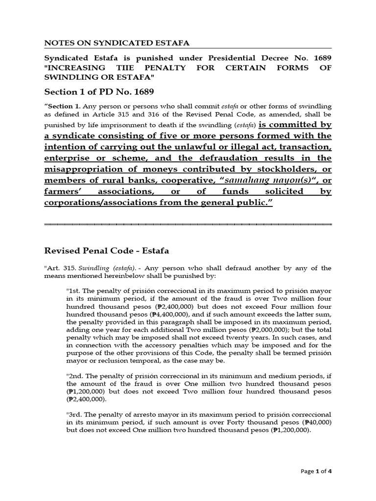 Notes On Syndicated Estafa | PDF | Fraud | Criminal Justice