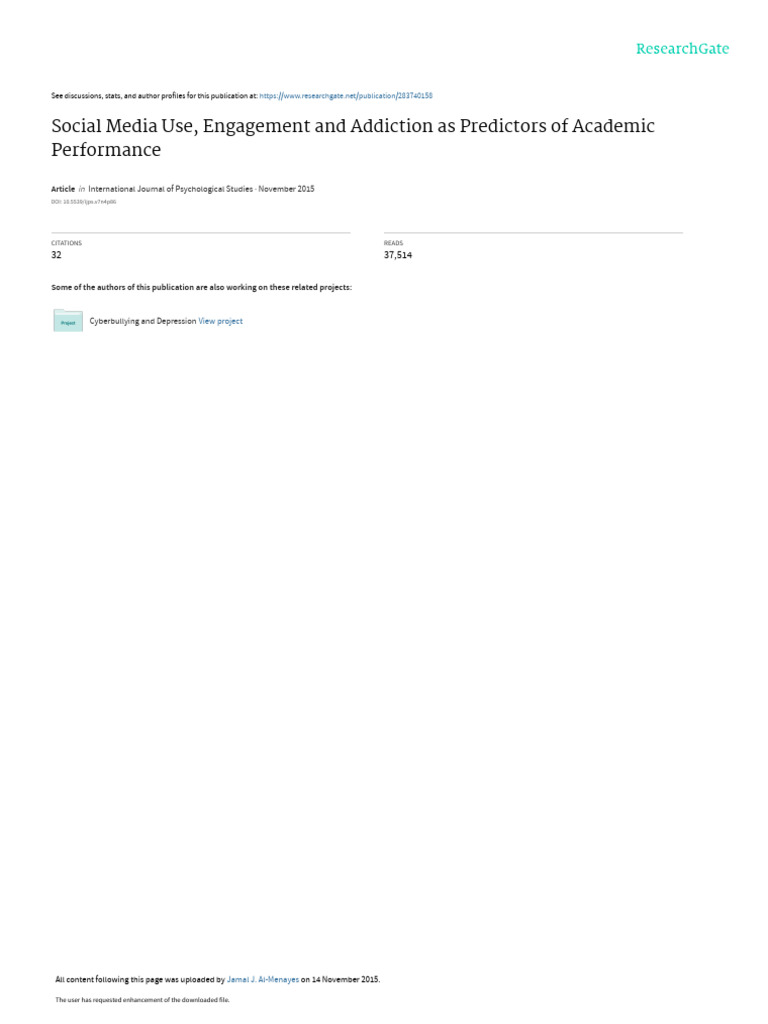 Social Media Use Engagement and Addiction As Predictor S | PDF | Social Media | Popular Culture ...