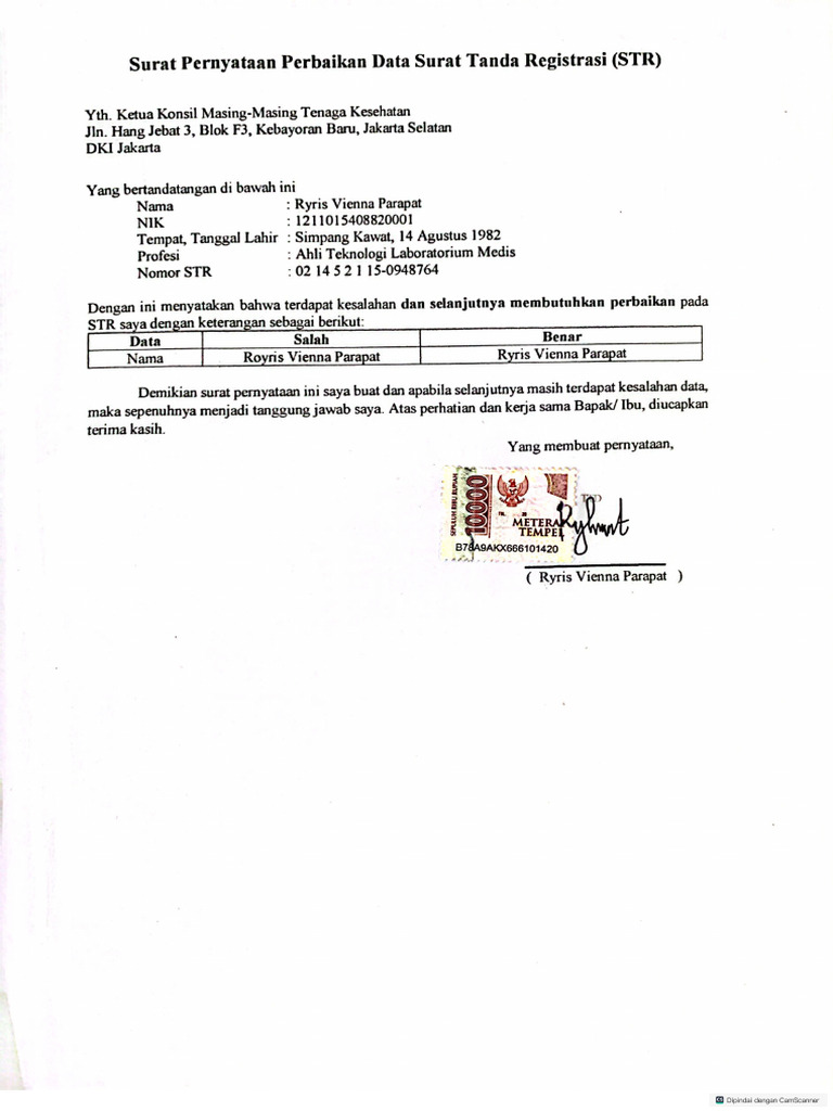 Surat Pernyataan Perbaikan Data | PDF