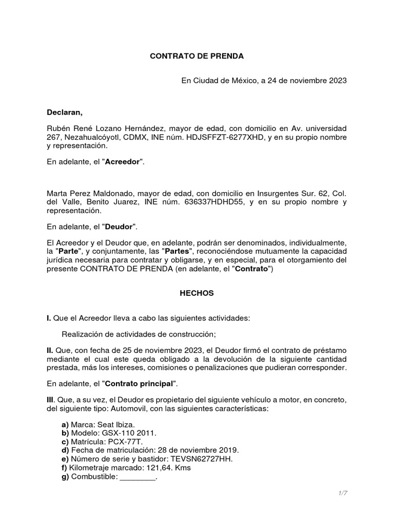 Contrato de Prenda para Garantía de Deuda | PDF | Daños y perjuicios ...