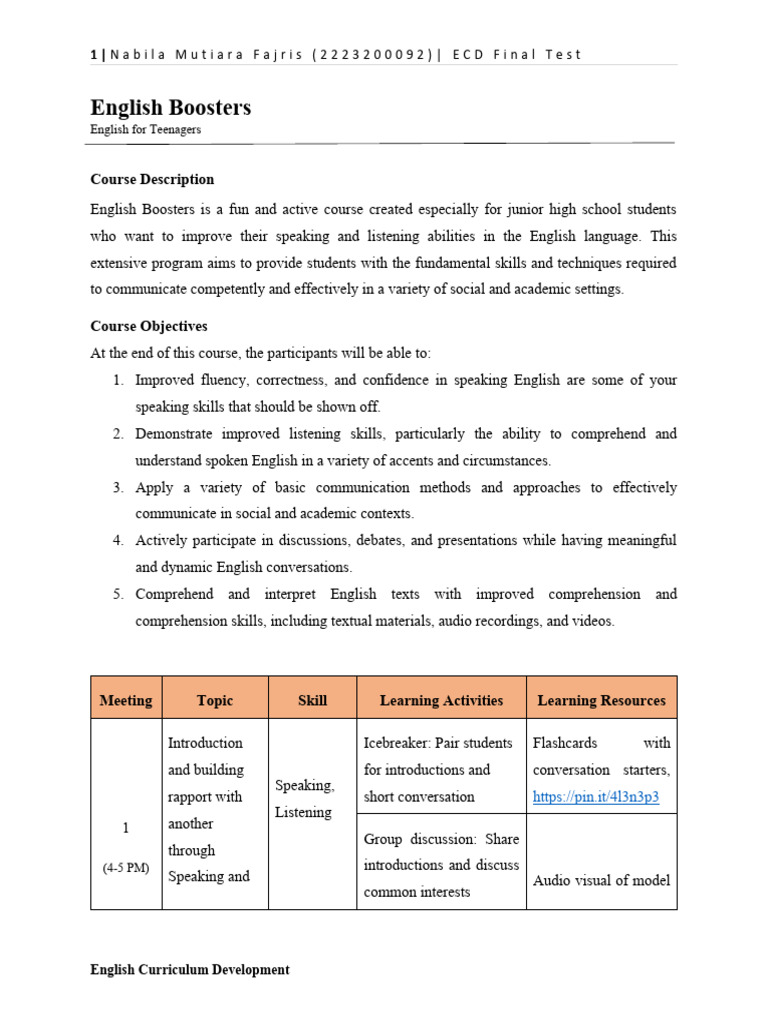 English Course Lesson Plan | PDF | Reading Comprehension | Human ...