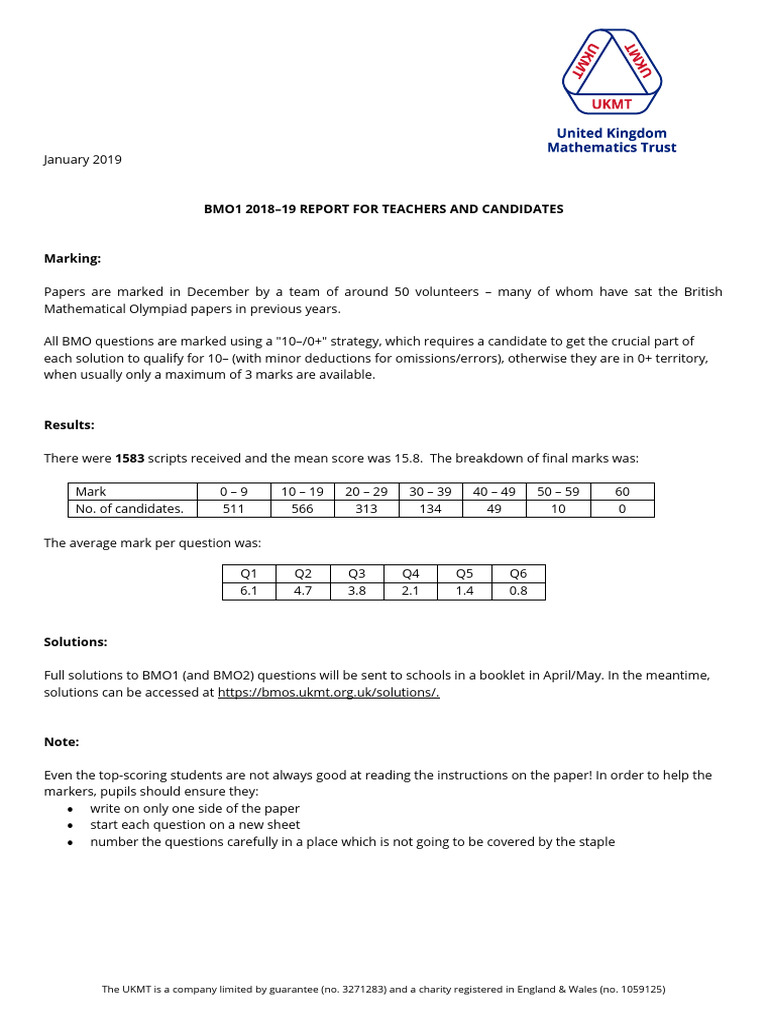 BMO1 2018-19 Exam Report Summary | PDF