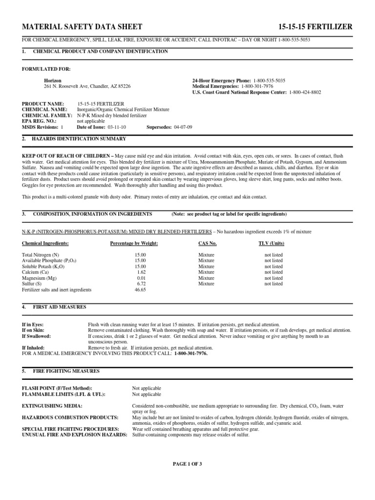 Material Safety Data Sheet 15-15-15 Fert | PDF | Water | Fertilizer