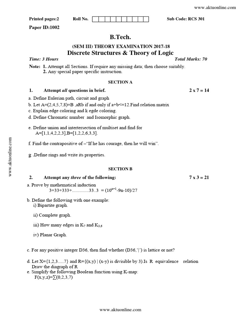 Btech Cs 3 Sem Discrete Structures and Theory of Logic Ncs301 2018 ... Btech Cs 3 Sem Discrete Structures and Theory of Logic Ncs301 2018 ...