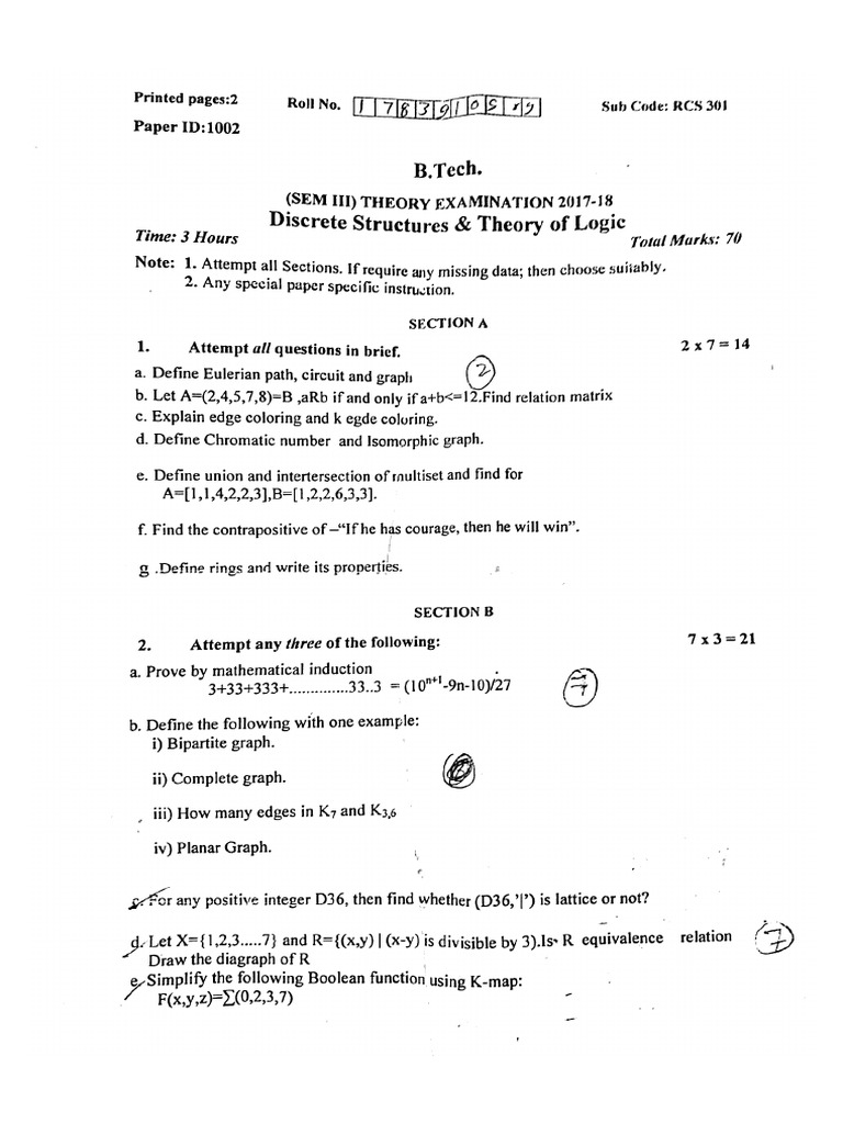 Btech Cs 3 Sem Discrete Structures and Theory of Logic Rcs301 2018 | PDF