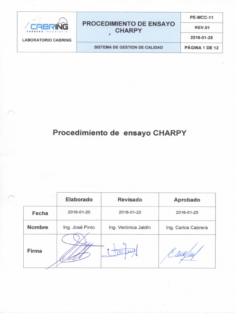 Pe-Mcc-11 Procedimiento de Ensayo de Charpy | PDF | Fractura | Laboratorios