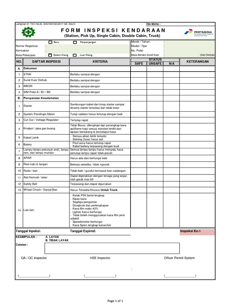 Form 001 Inspeksi Kendaraan | PDF