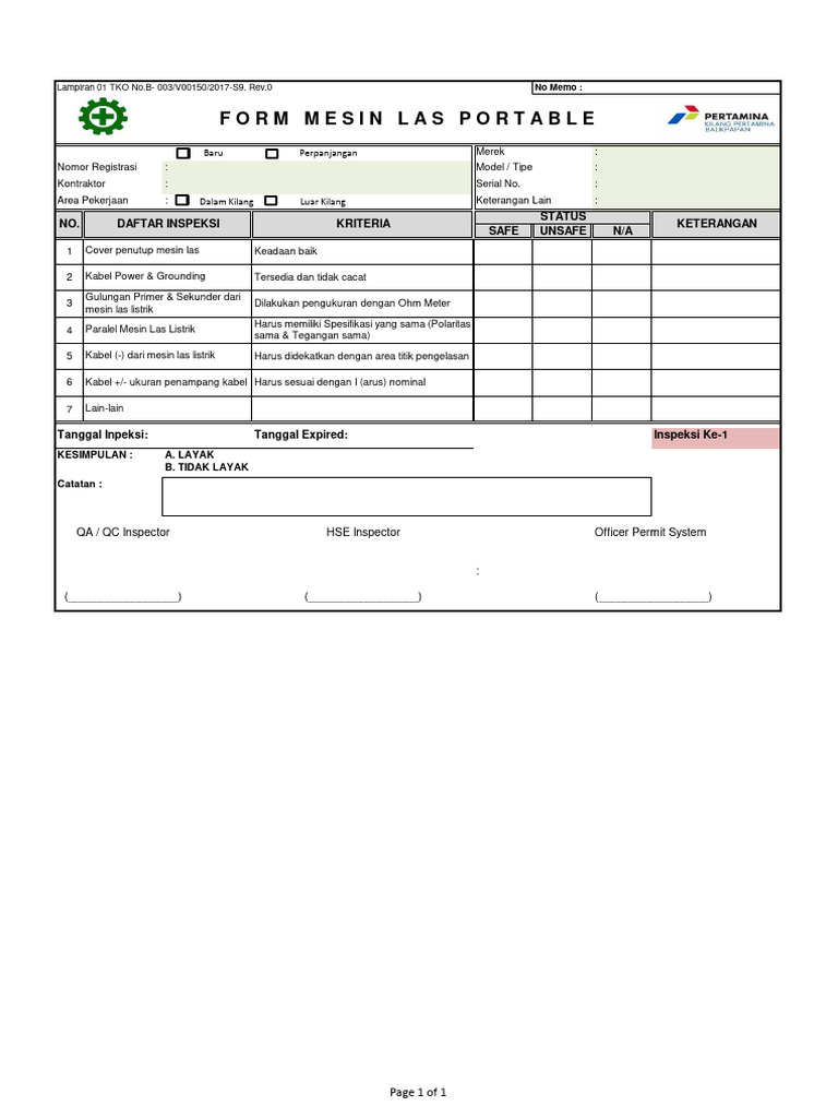 Form 004 Inspeksi Mesin Las Portable | PDF