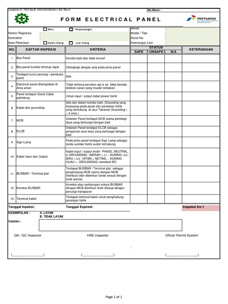 Form 005 Inspeksi Electrical Panel | PDF