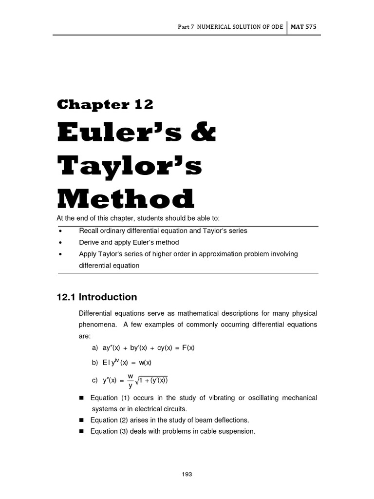 Numerical Methods for ODEs: Euler & Taylor | PDF | Equations ...