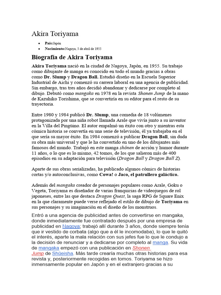 Biografía de Akira Toriyama | PDF | Anime y manga | Manga