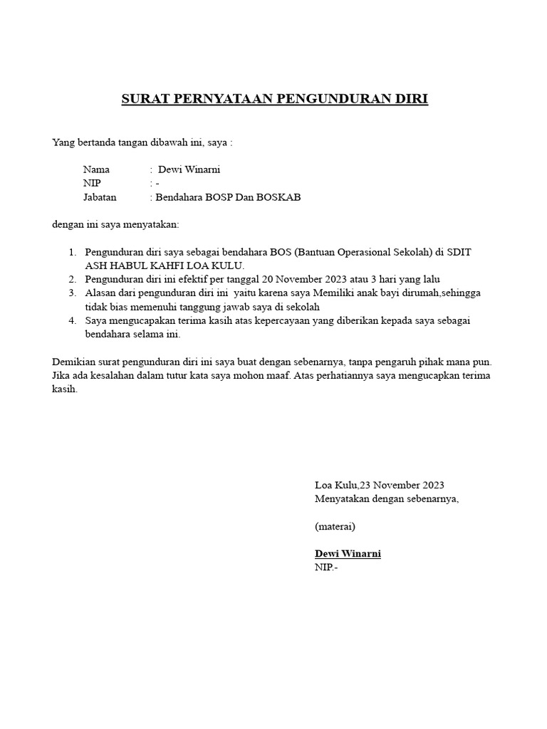 Surat Pengunduran Diri Bendahara BOS | PDF