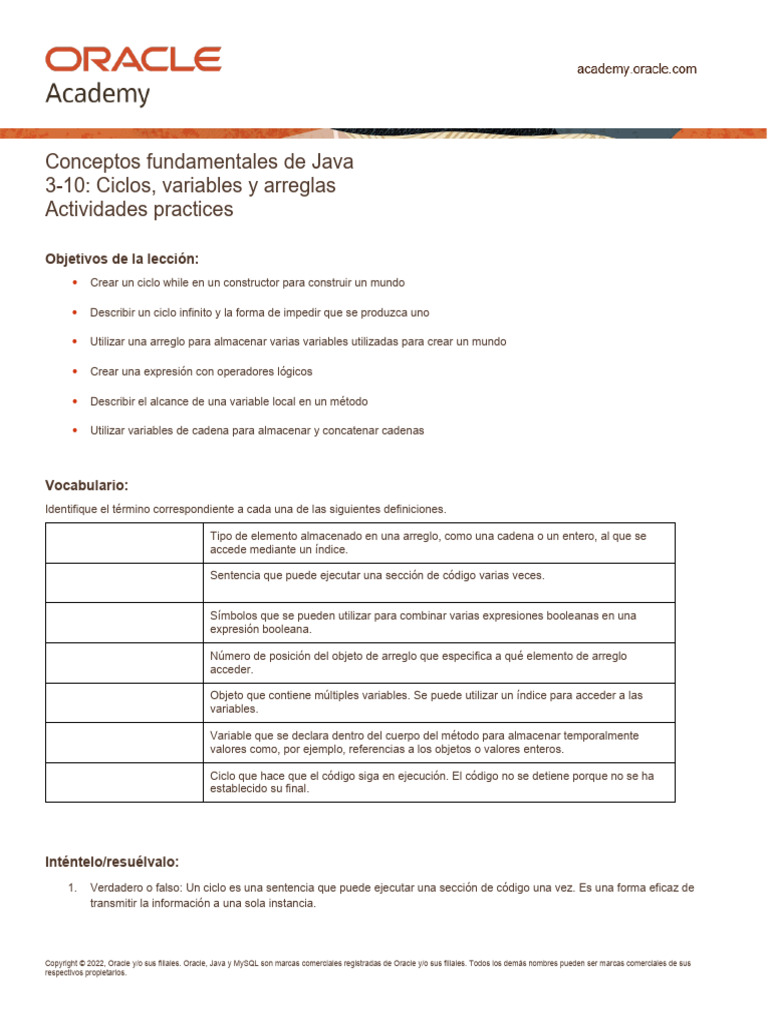 JF 3 10 Practice Esp | PDF | Java (lenguaje de programación) | Objeto (informática)