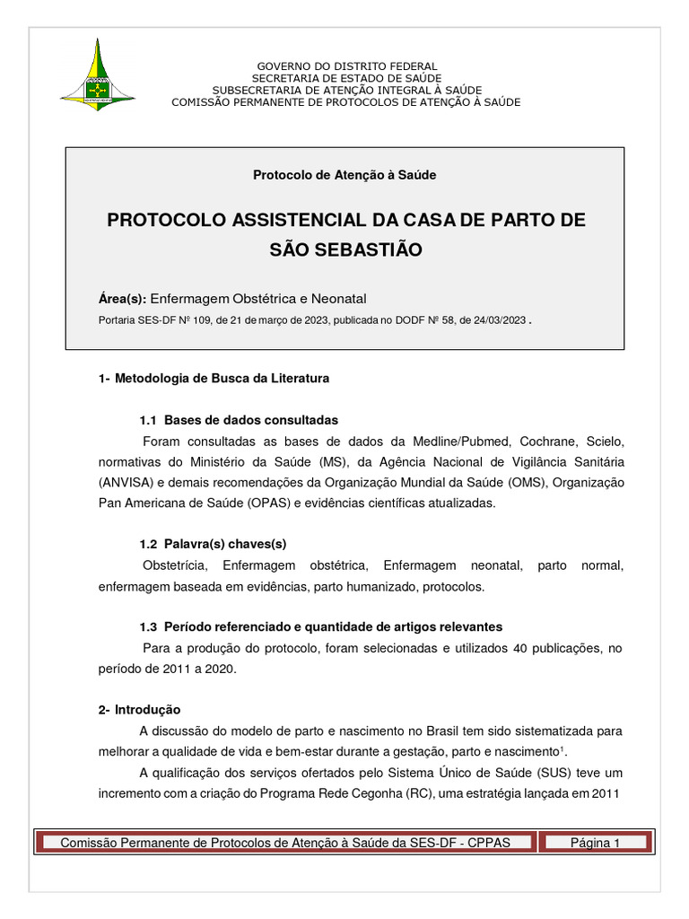 Protocolo Assistencial Da Casa de Parto de Sao Sebastiao | PDF | Enfermagem | Parto