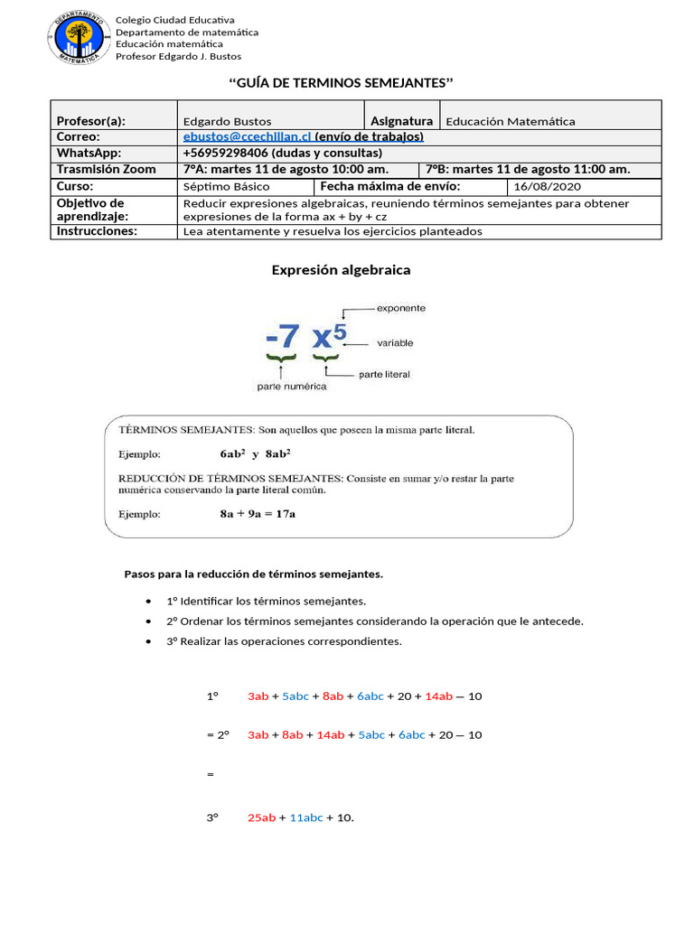 Guía de Reducción de Términos Semejantes | PDF | Matemáticas | Álgebra
