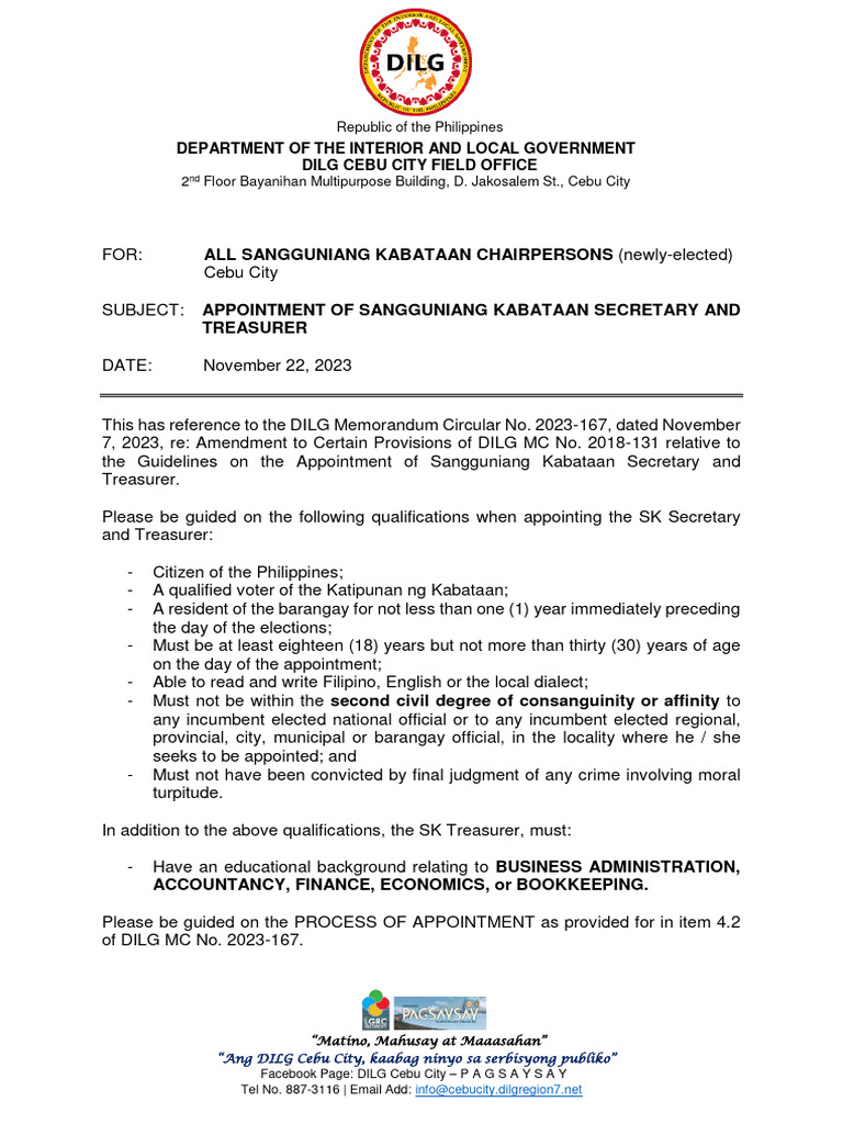 MEMO Appointment of SK Sec Treas | PDF | Philippines | Government