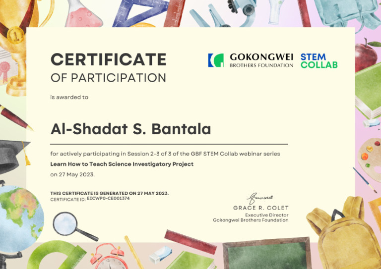 Certificate For Al-Shadat S. Bantala For - STEM Collab May 27 Webinar ... | PDF