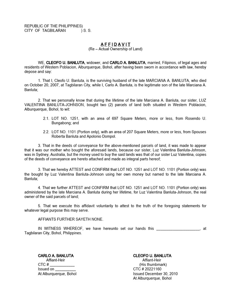 Joint Affidavit Attesting To Actual Ownership of Land | PDF | Affidavit ...