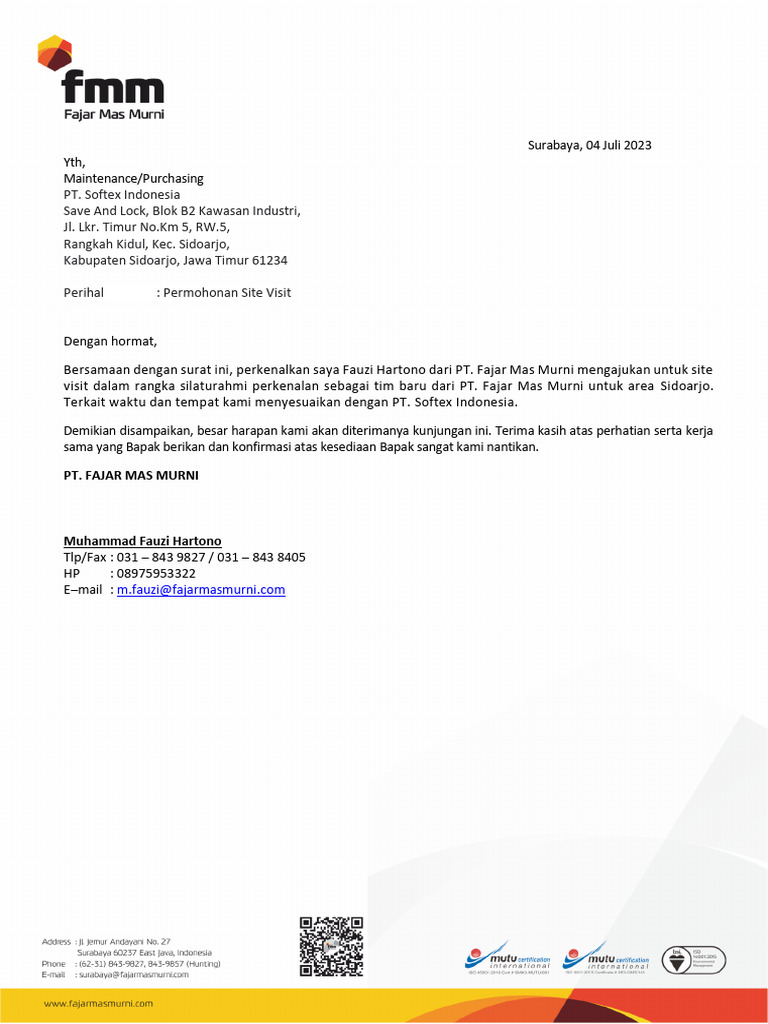 Permohonan Site Visit PT. Softex | PDF