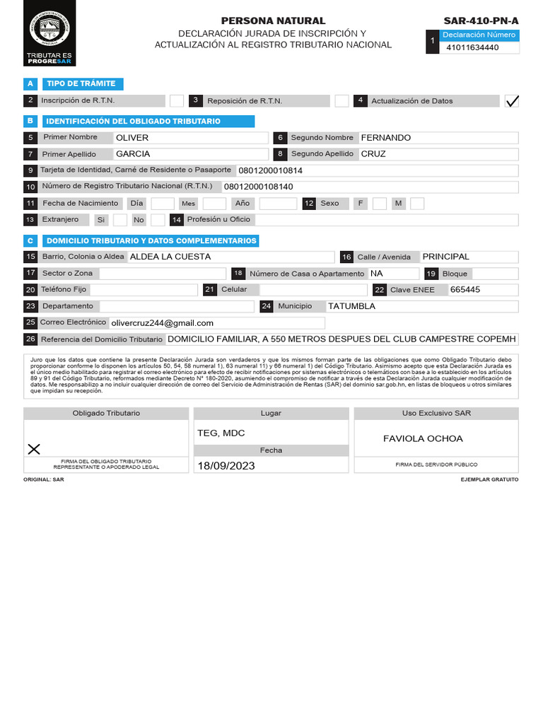 Formulario para Firma Sar 410 Persona Natural | PDF